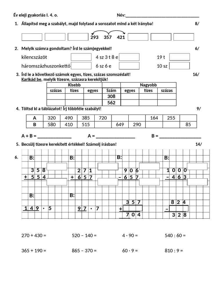 Év Eleji Matek Gyakorlás I. 4.o | PDF
