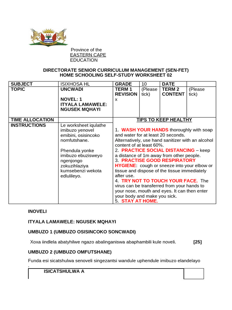 IsiXhosa Grade 10 WORKSHEET 02 NOVEL 1 (ESSAY AND CONTEXTUAL QUESTIONS ...