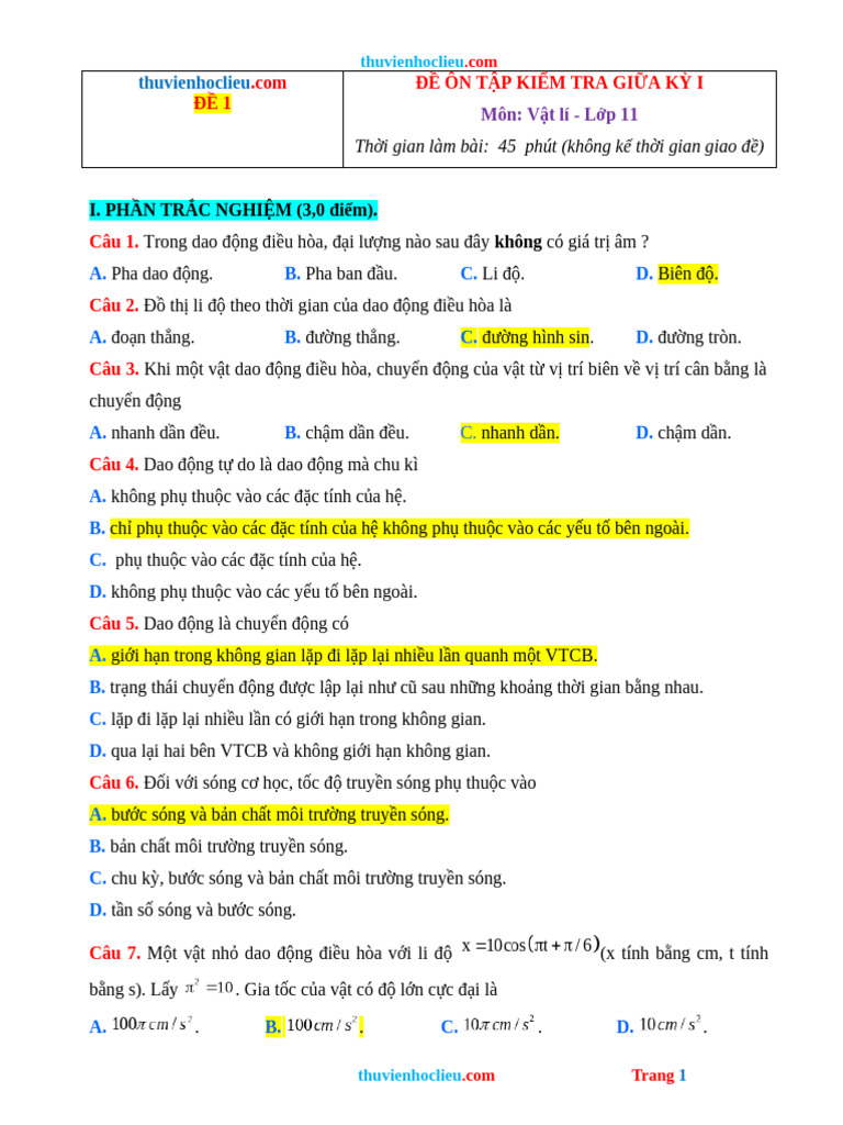 Bo de On Tap Giua HK1 Vat Li 11 KNTT | PDF