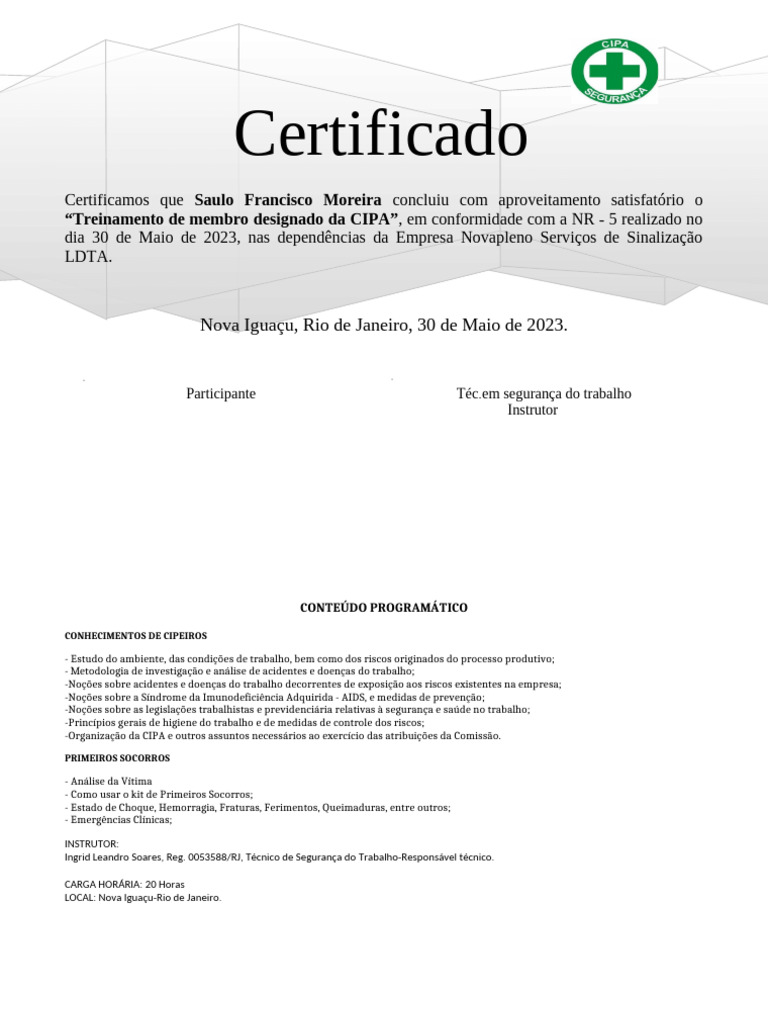 Certificado de Treinamento CIPA 2023 | PDF