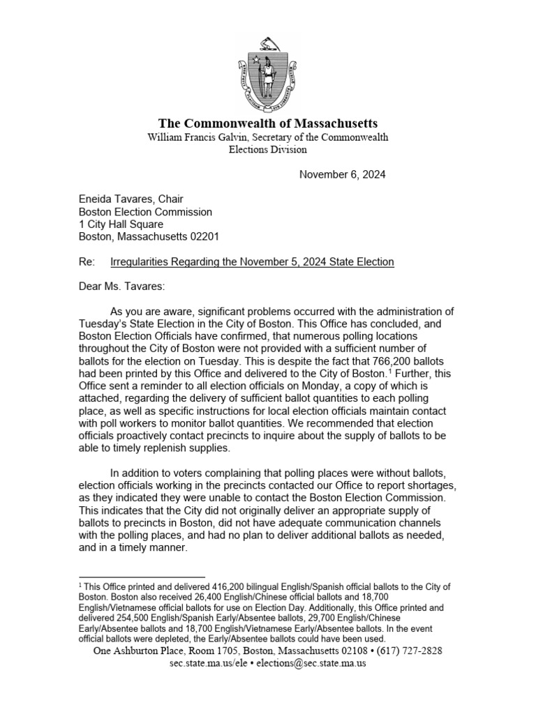 SOC Boston State Election Investigation Letter 2024 | PDF | Absentee ...