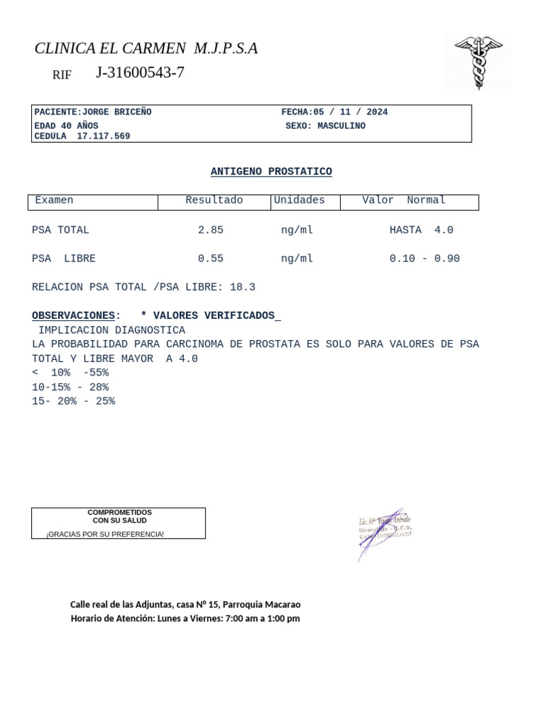 Psa Total y Libre Perfil Prostatico Jorge | PDF