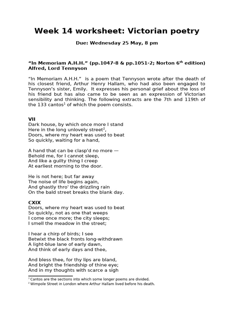 Week 14 Victorian Poetry Worksheet | PDF | Poetry