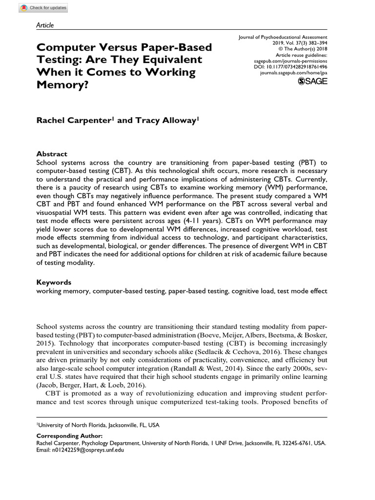 (Carpenter and Alloway 2019) Computer Versus Paper-Based Computer Based ...