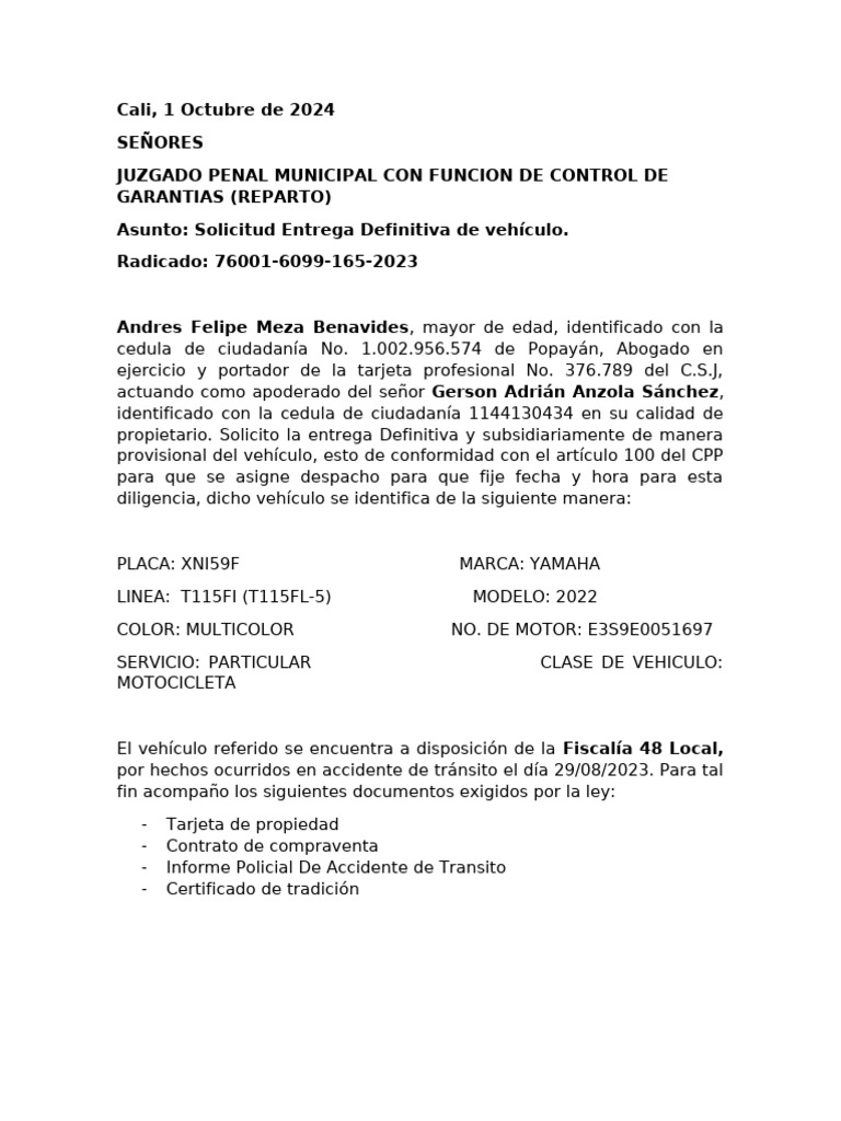 Solicitud Entrega Vehiculo | PDF