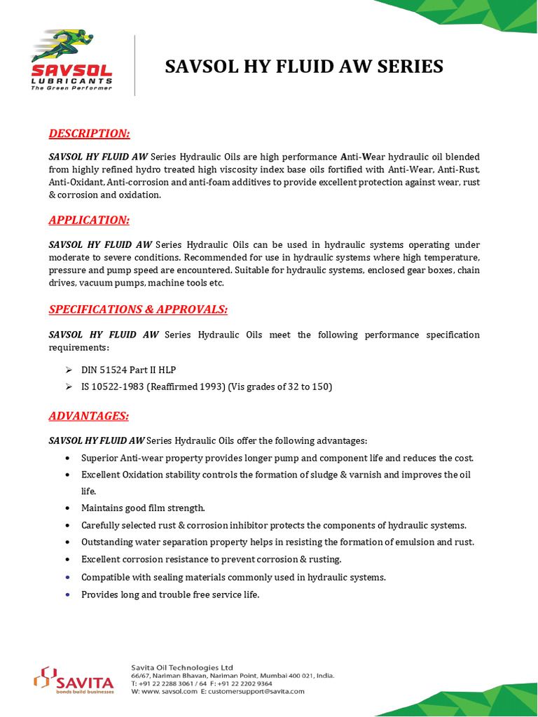 Savsol Hydraulic Oil AW Series Overview | PDF | Corrosion | Pump