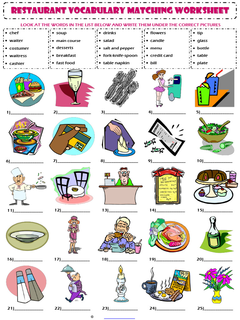 At The Restaurant Vocabulary Matching Exercise Worksheet | PDF ...