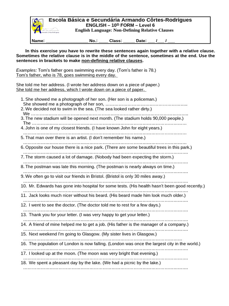 Non-Defining Relative Clauses + Solutions | PDF | Linguistics