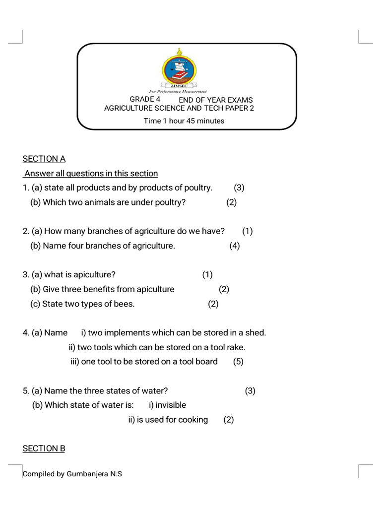 Grade 4 End of Year Agric Science and Tech Paper 2 2022 | PDF | Computing