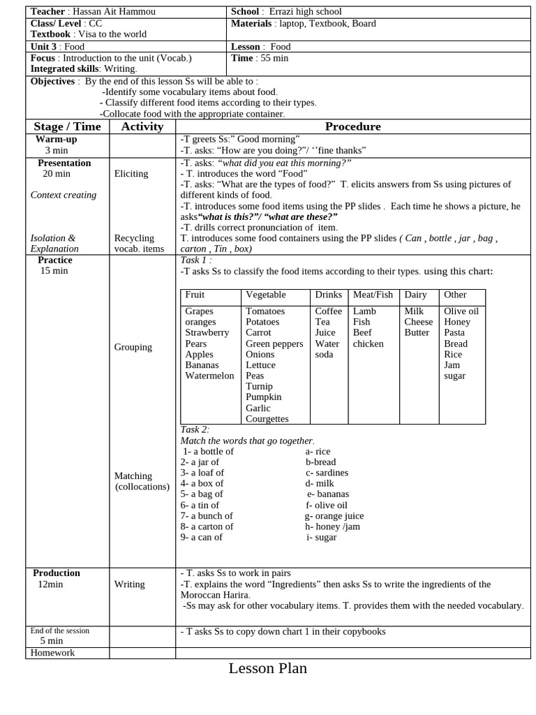 VISA-U3-Lesson-Plan-vocabulary Food | PDF | Foods | Cuisine