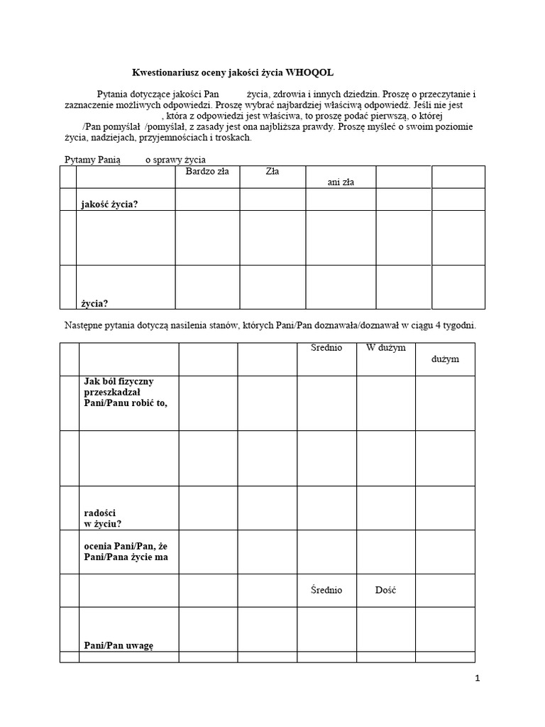 Kwestionariusz WHOQOL BREF | PDF