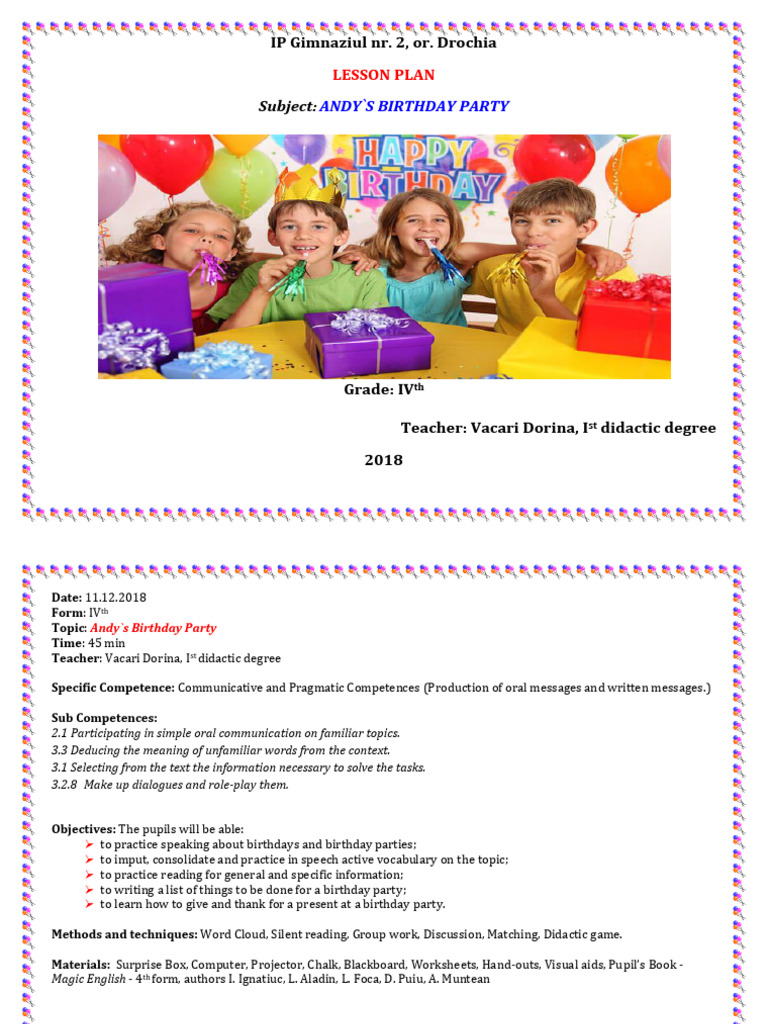 Lesson Plan IVth Grade ANDYS BIRTHDAY PARTY | PDF | Lesson Plan | Learning