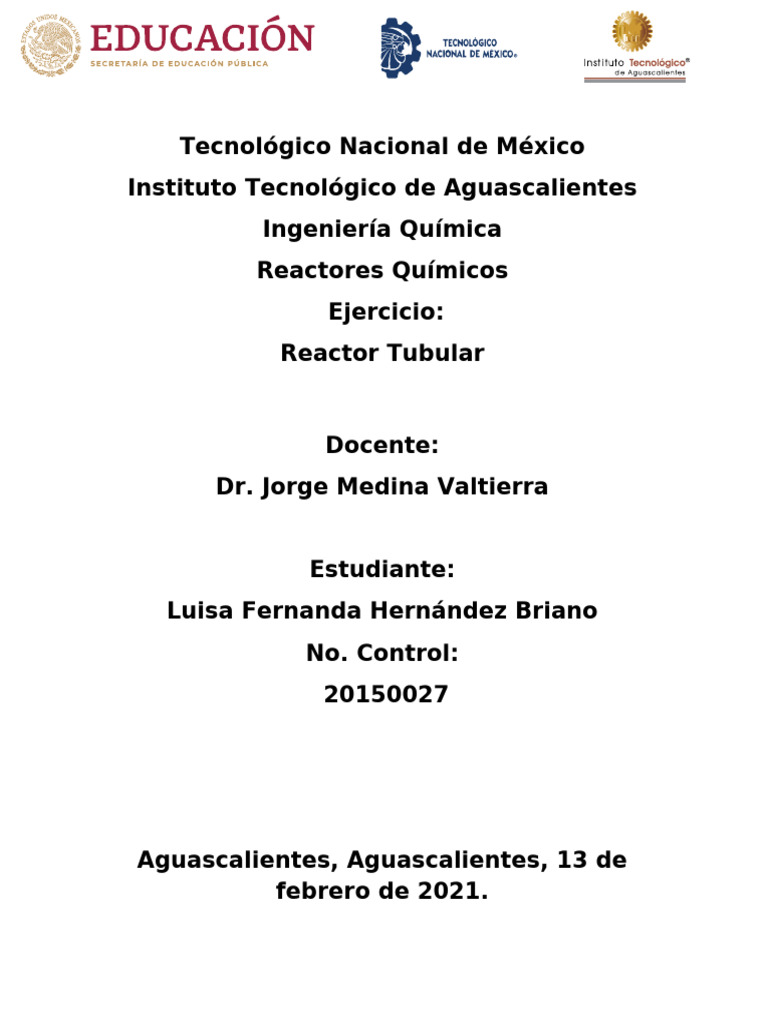 Tarea Reactores Tubulares | PDF | Reactor Quimico | Reacciones químicas