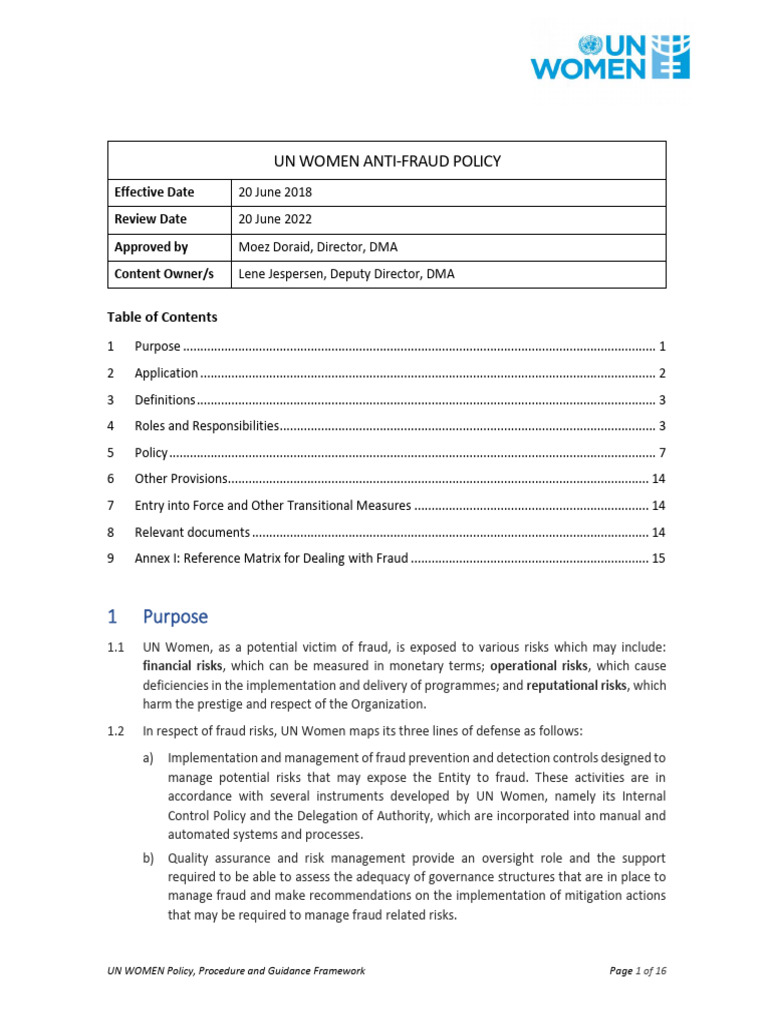 Un Women Anti Fraud Policy Framework en | PDF | Internal Control | Risk ...
