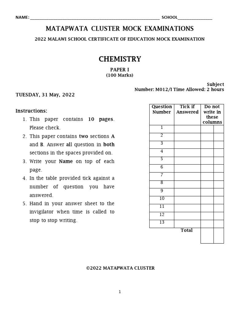 CHEM PI, MSCE Mock 2022 | PDF | Chloride | Chemical Elements