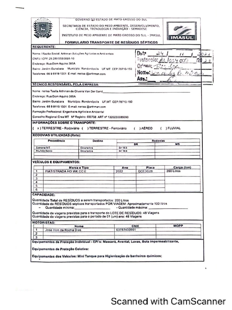 Formulário de Transporte de Resíduos Sépticos | PDF