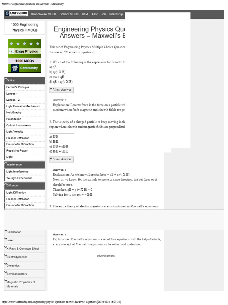 Maxwells Equations Questions and Answers - Sanfoundry | PDF | Maxwell's ...