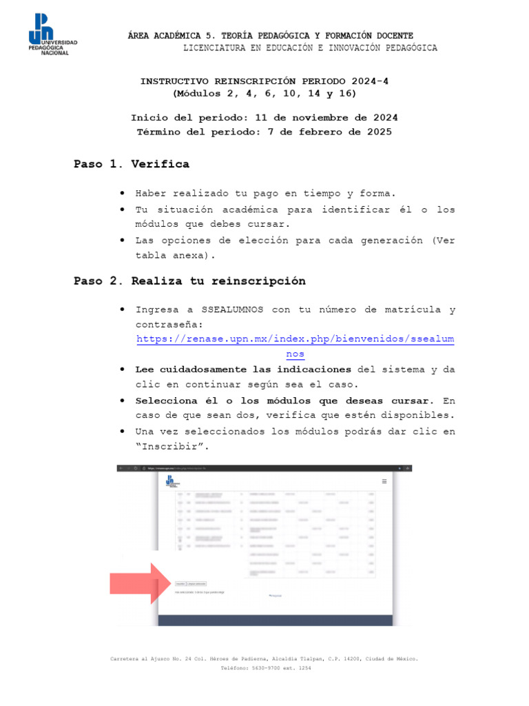 Instructivo Reinscripción LEIP UPN (2024-4) | PDF | Maestros | Enseñando