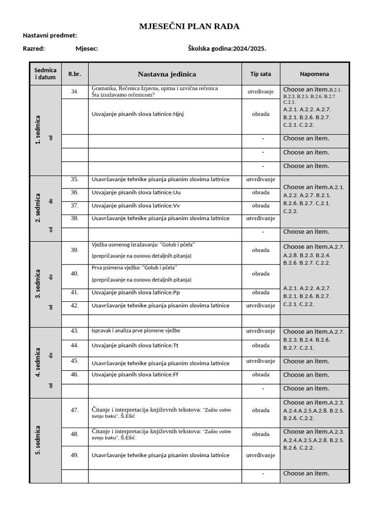 Mjesečni Plan Rada-Novembar 2024 A | PDF