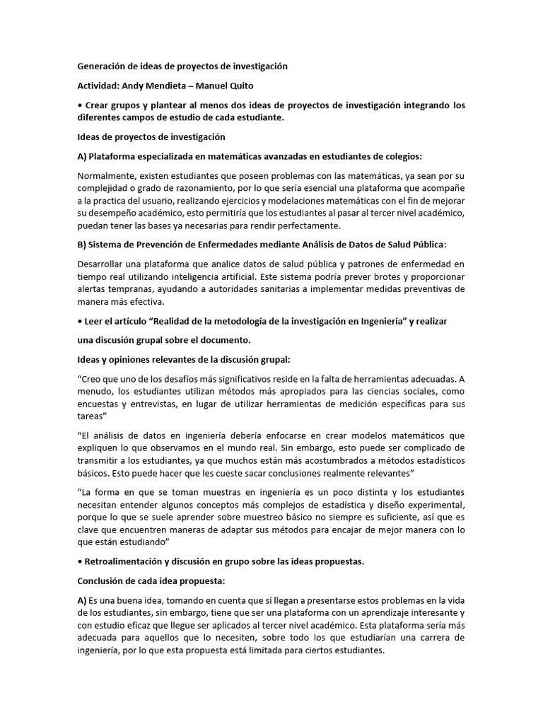 (Andy Mendieta - Manuel Quito) - Generación de Ideas de Proyectos de Investigación | PDF ...