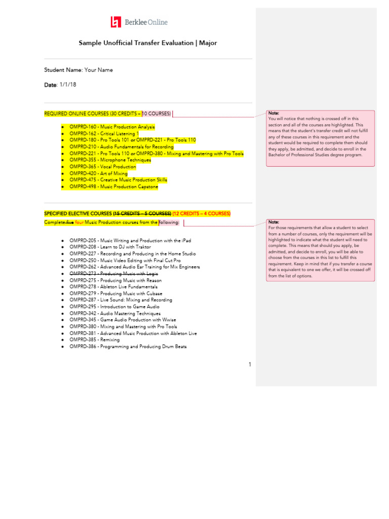 Berklee Online Unofficial Transfer Evaluation Sample Bps | PDF ...