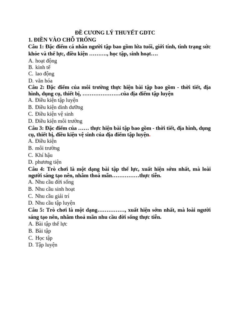 Đề Cương Lý Thuyết Gdtc | PDF