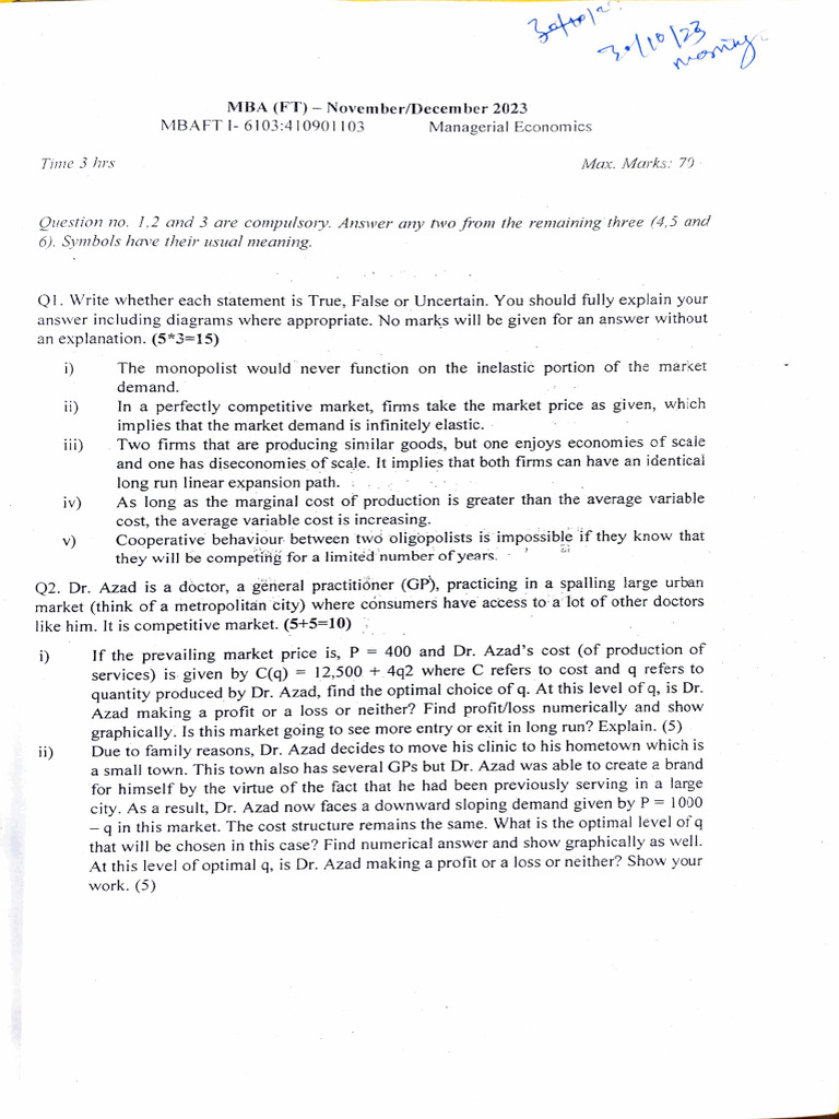 MBA Managerial Economics Exam | PDF | Elasticity (Economics) | Economics