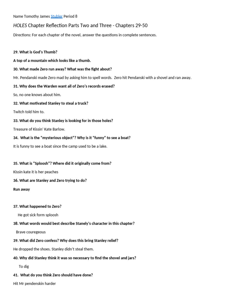 Holes Chapter Reflection: 29-50 Analysis | PDF | Mystery, Thriller ...