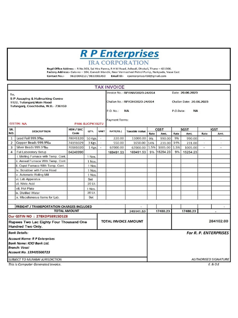 Bill For Lab Setup & Copper Lead Silver | PDF