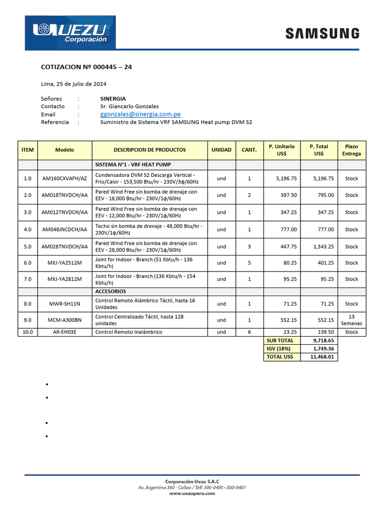 Cotizacion #000445 - 24 Sinergia (VRF Samsung) | PDF