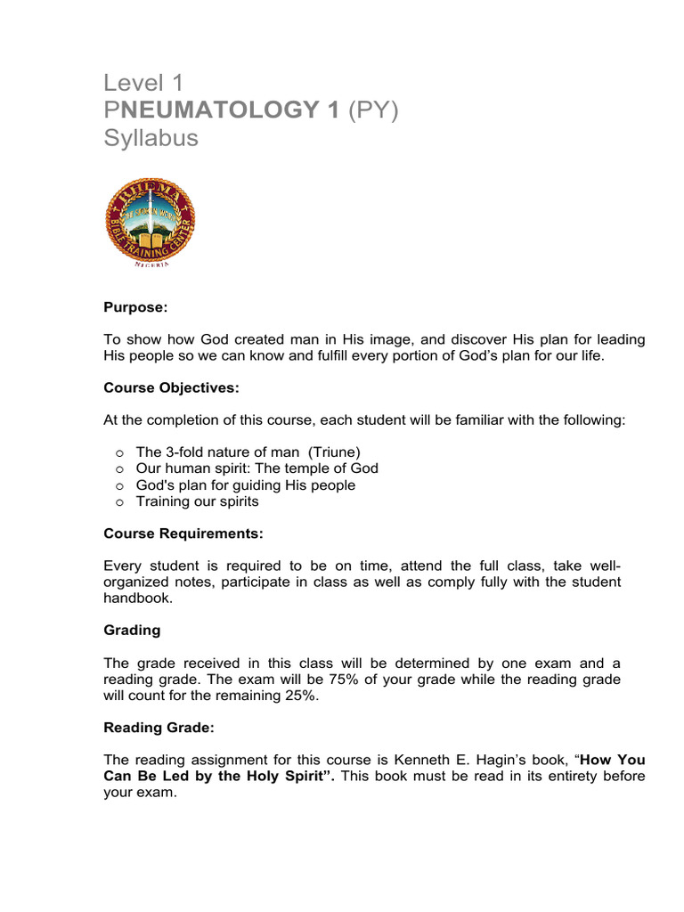 Pneumatology Course Syllabus | PDF | Self-Improvement