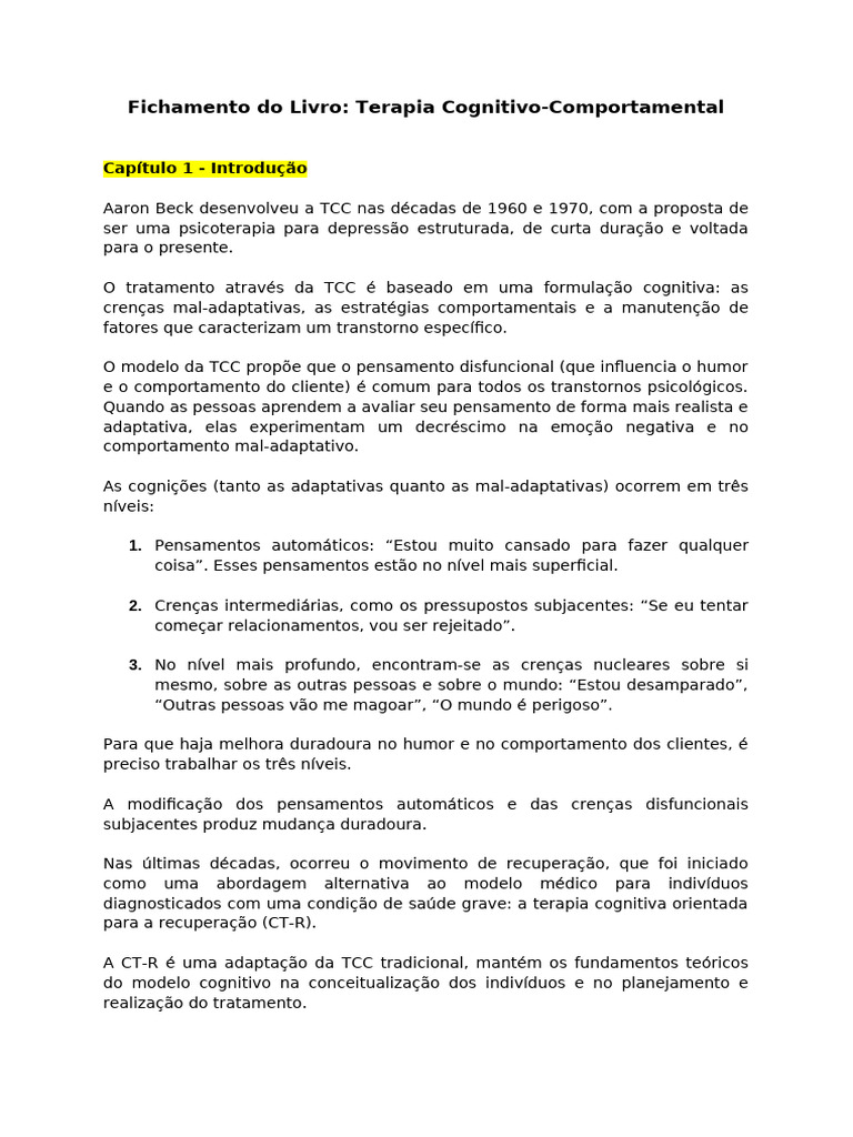 Fichamento Do Livro - Terapia Cognitivo Comportamental - Cap01 | PDF | Terapia cognitiva ...