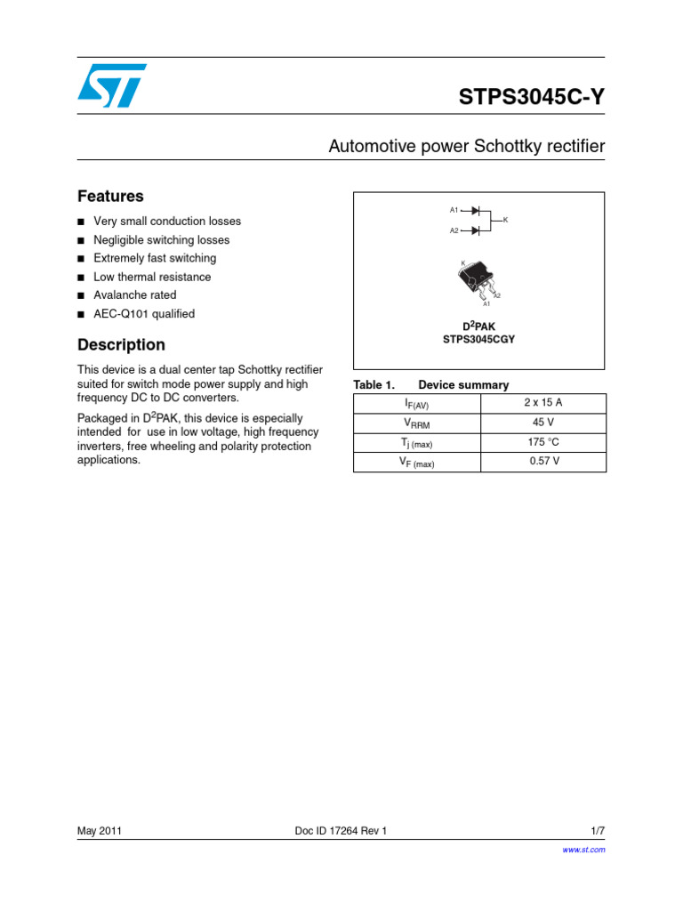 Diodo ST - STPS3045C-Y | PDF | Rectifier | Diode