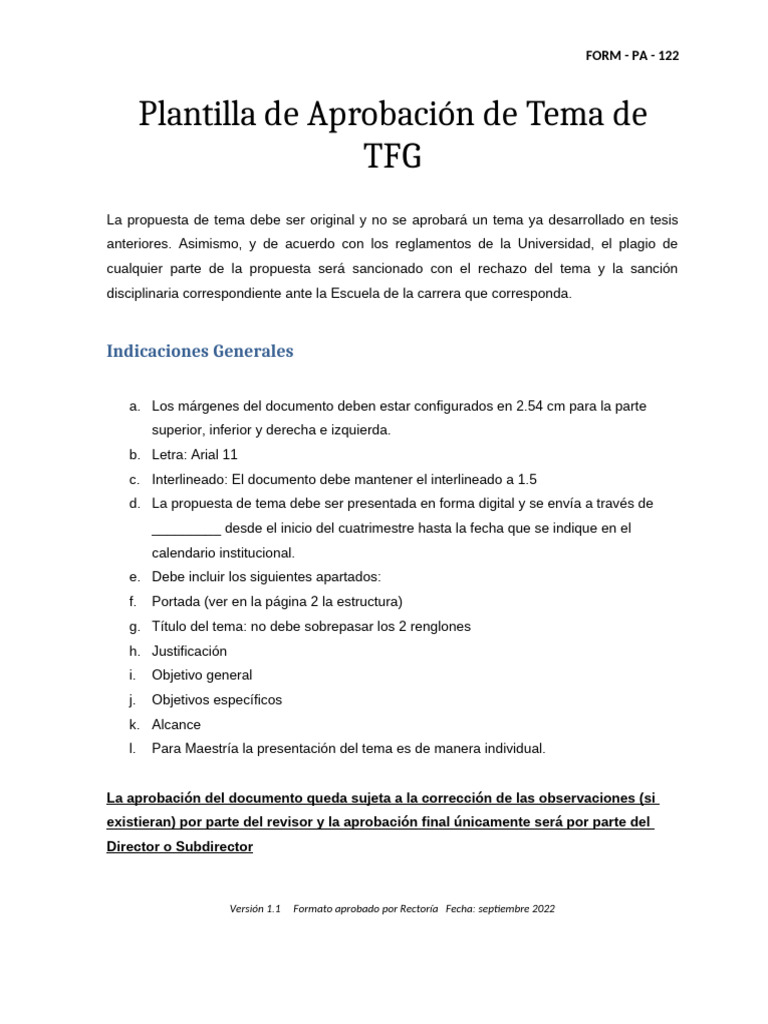 FORM PA 122 Plantilla de Aprobacion de Tema de TFG | PDF