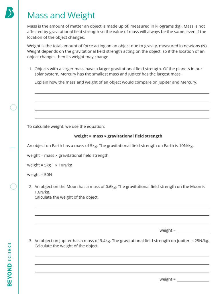 Mass and Weight Worksheet Printable | PDF | Science & Mathematics