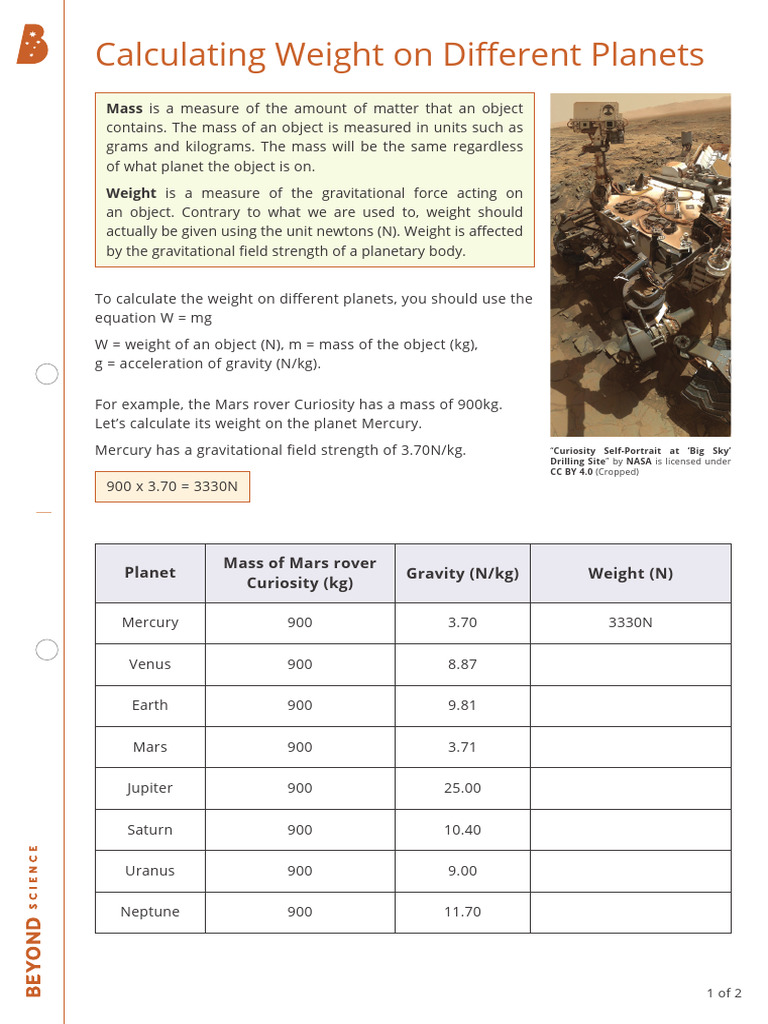 Calculating Weight On Different Planets - Activity Sheets | PDF ...