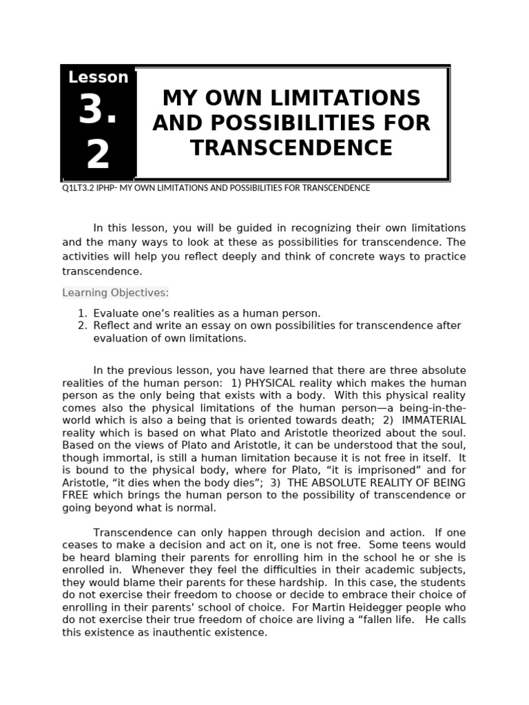 Q1l3.2iphp - My Own Limitations and Possibilities For Transcendence | PDF | Soul | Reality