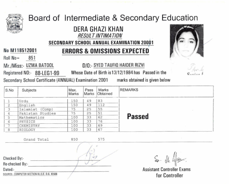 Result Card Matric | PDF