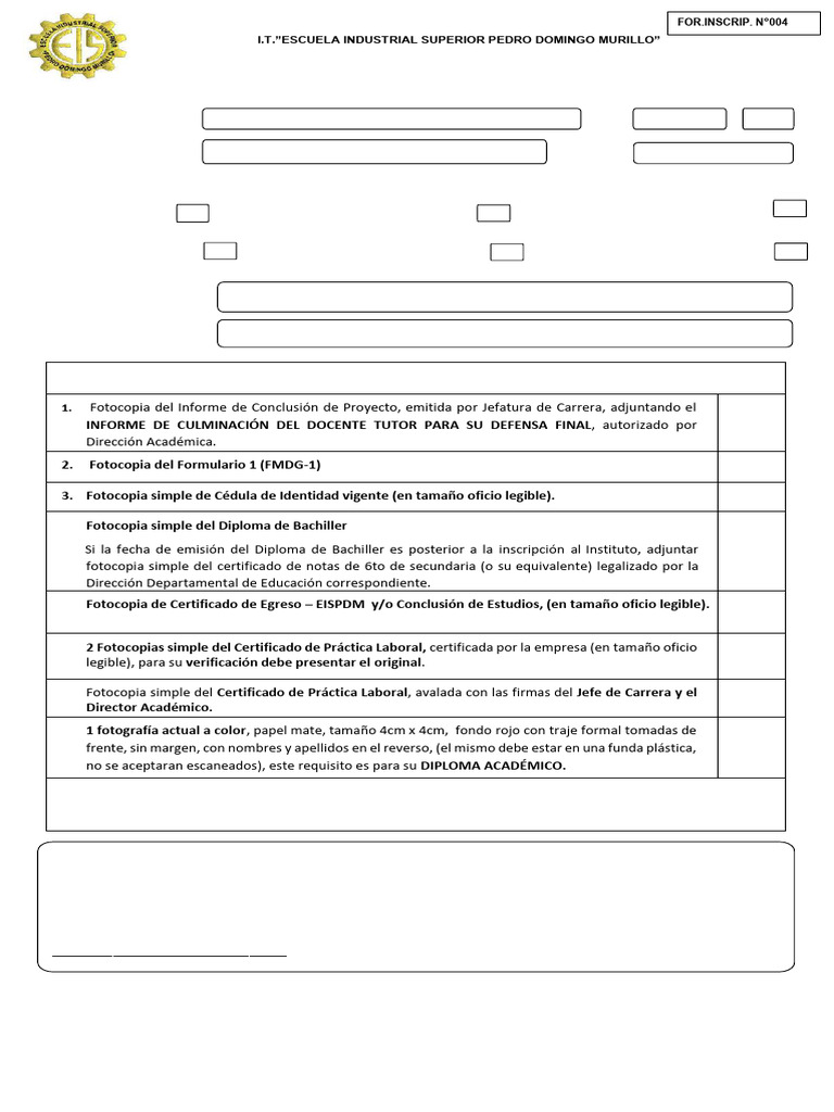 Formulario No 004 Tramite Inscripcion Proyecto de Grado | PDF | Documento de identidad