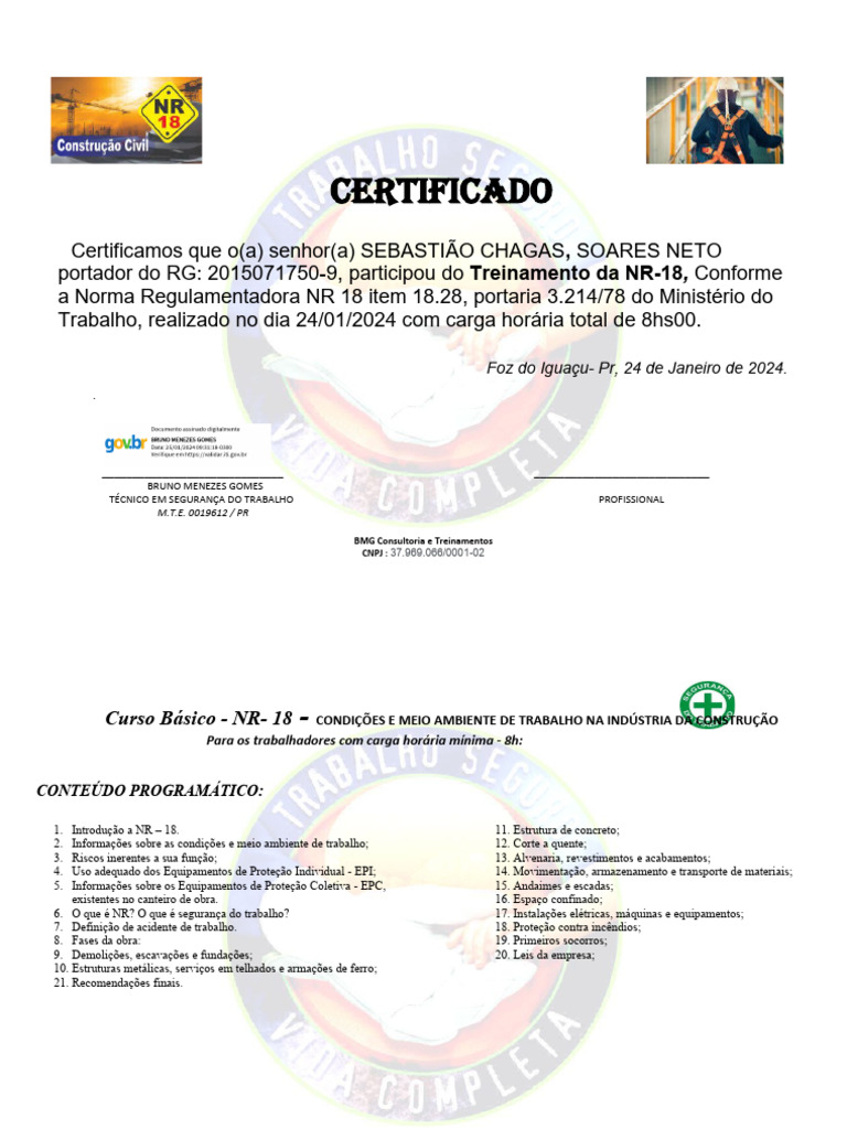 Certificado de Treinamento NR-18 | PDF