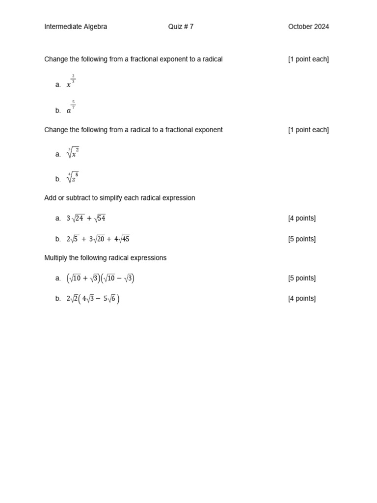Intermediate Algbra Quiz 7 | PDF