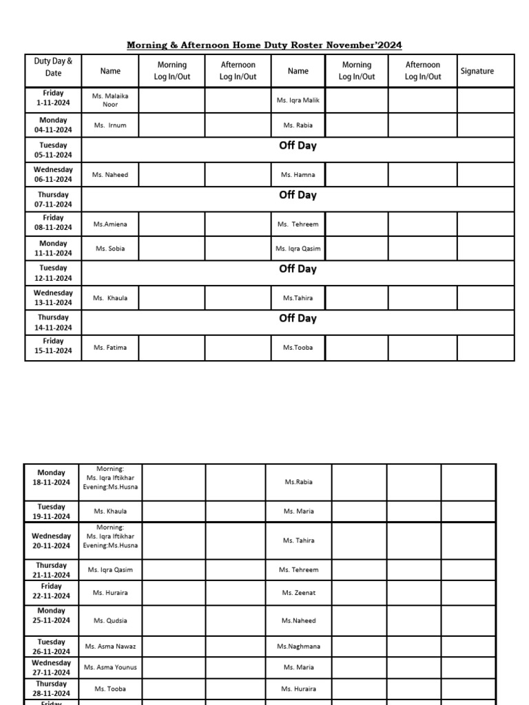 November 2024 Home Duty Roster | PDF