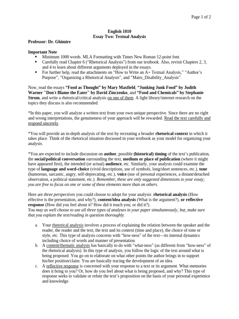 Eng 1010 - Textual Analysis Essay Prompt | PDF | Essays | Argument