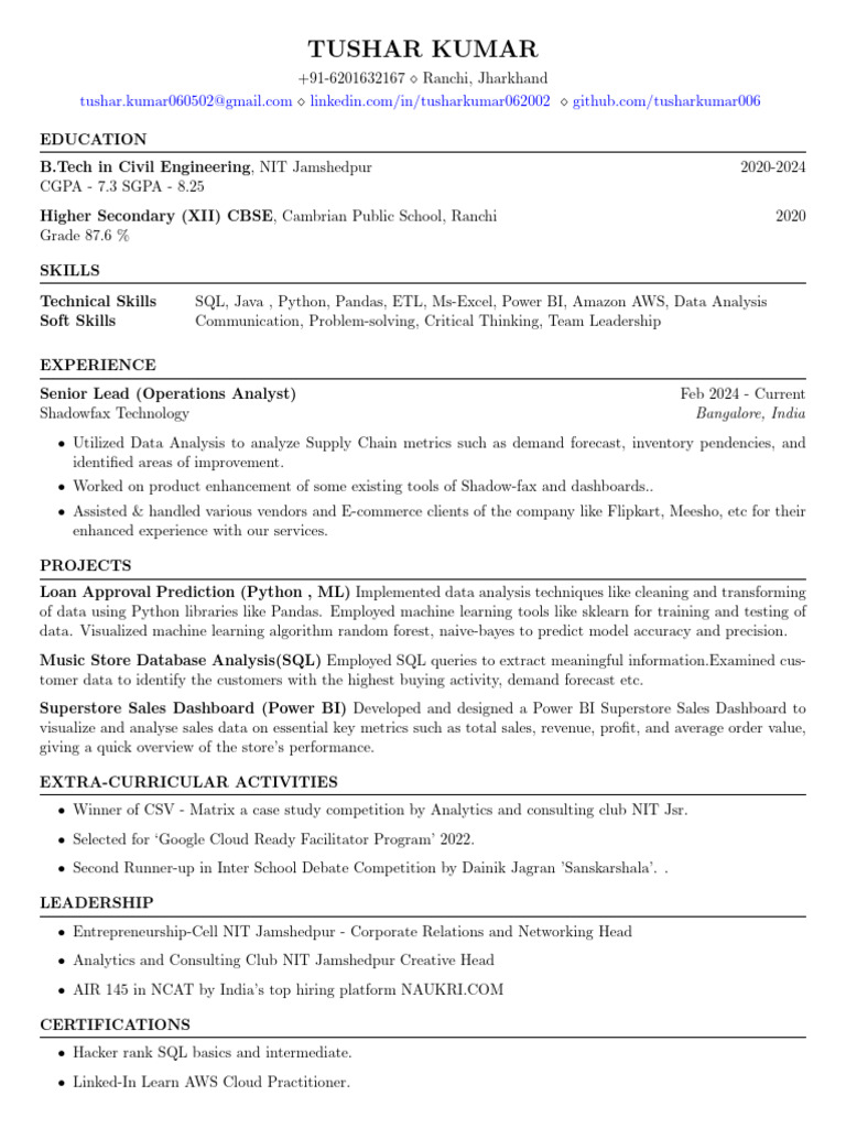 Tushar Kumar Resume JPMC | PDF | Data Analysis | Analytics