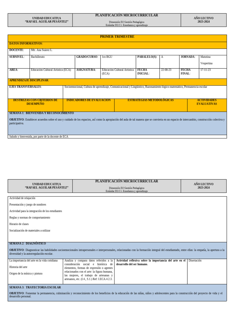 Planificación ECA 1ro BGU 2023-2024 | PDF | Aprendizaje | Pedagogía