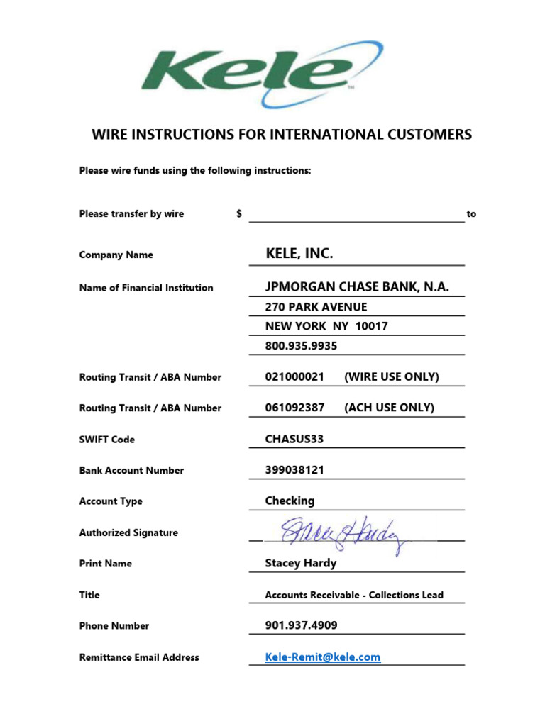 Kele JPM Chase Wire Payments For International Customers | PDF