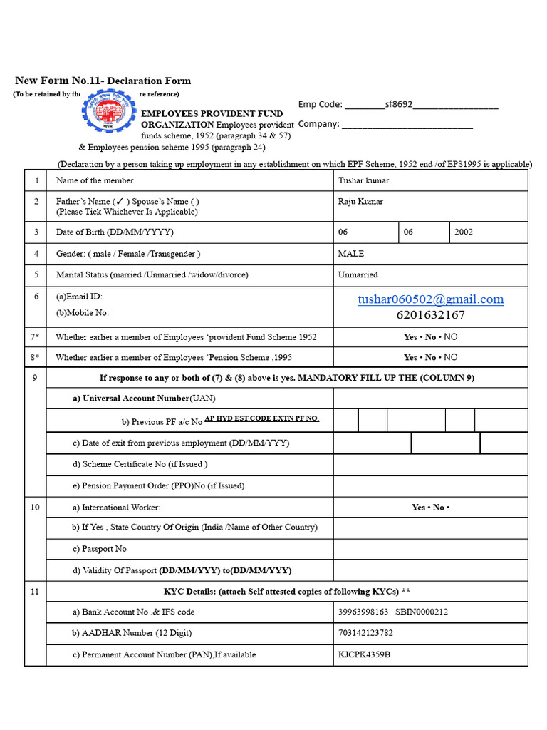 PF Form 11 (UAN) | PDF