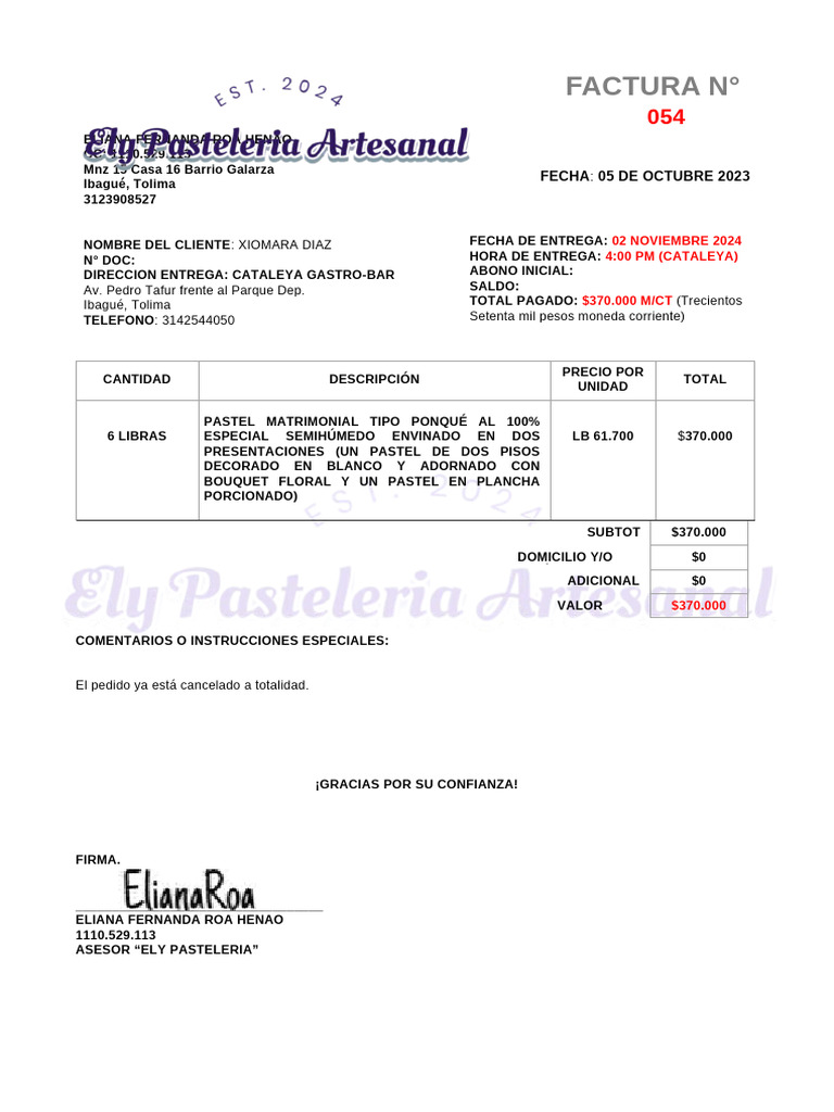 Factura - Venta - Ely - Pasteleria - Artesanal | PDF