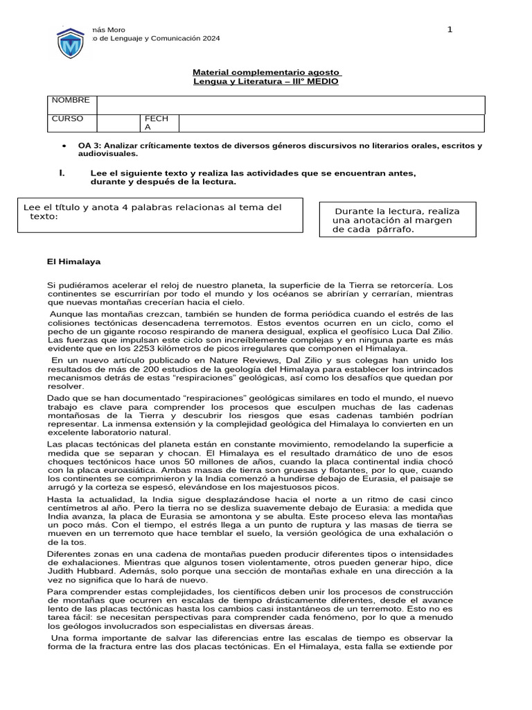 Material Complementario Agosto III° Lengua y Literatura | PDF | Temblores | Placas tectónicas
