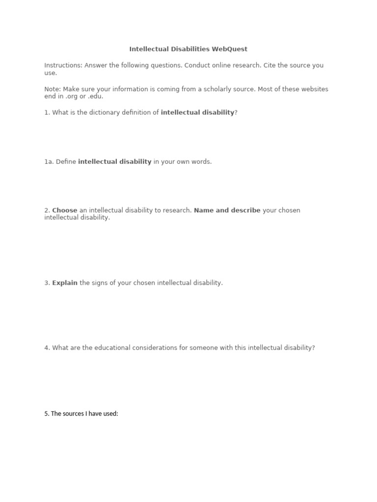 Intellectual Disabilities WebQuest | PDF